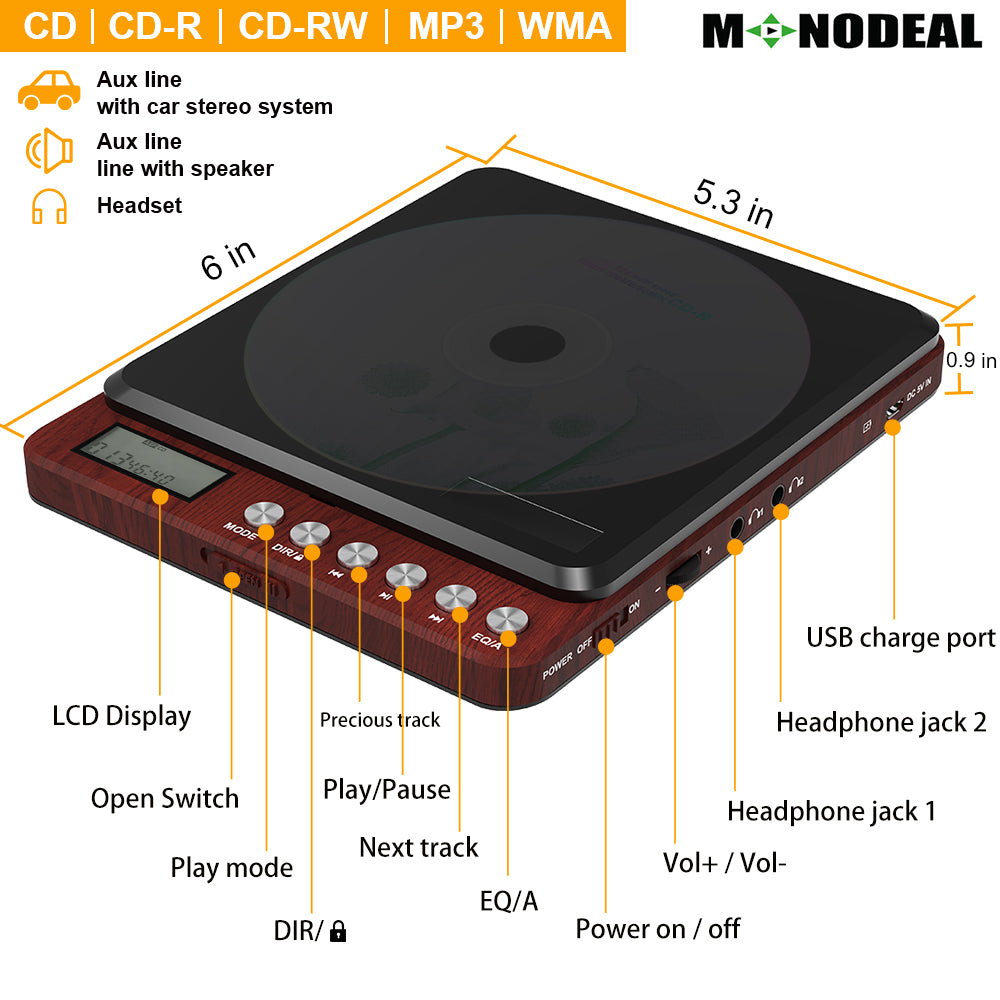 Portable CD Player with Headphones, Monodeal Compact Design CD Player ...
